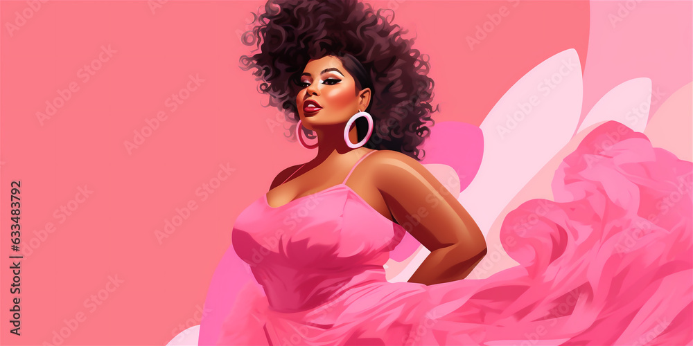 Beautiful overweight black woman on pink background with copy space, ai ...