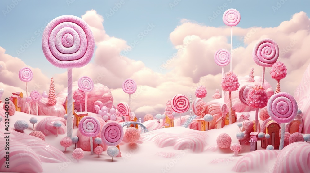 a digital painting of pink candy land with giant lollipops. generative ...