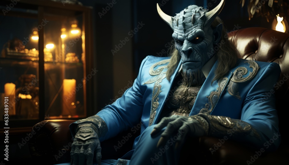 evil devil, boss businessman sits in a chair in a blue suit, the boss ...