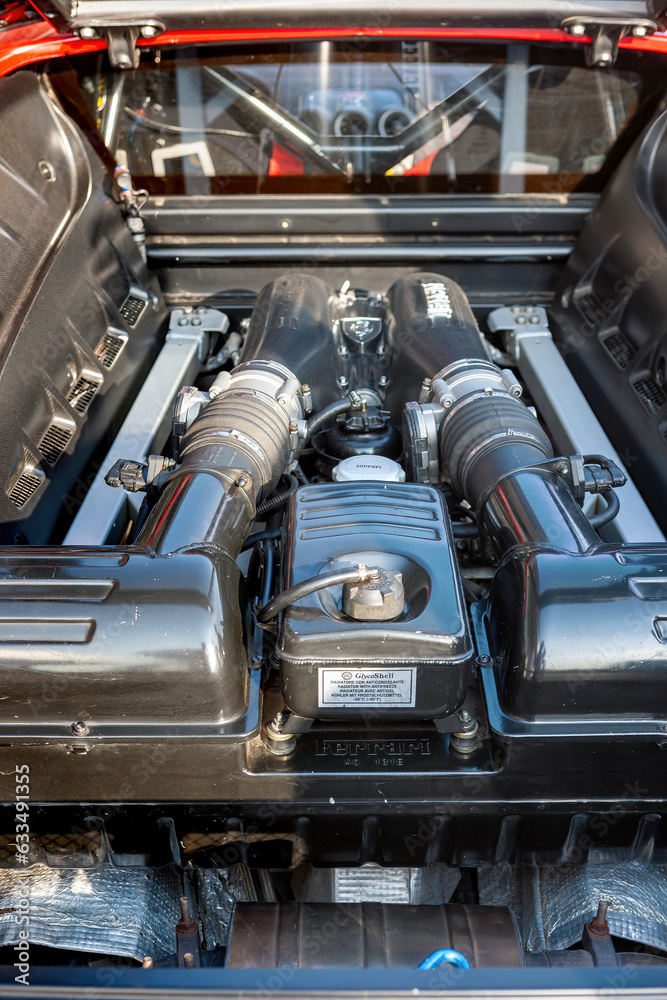 MODENA, ITALY — JULY 23, 2012: Ferrari F430 engine. The power of the ...