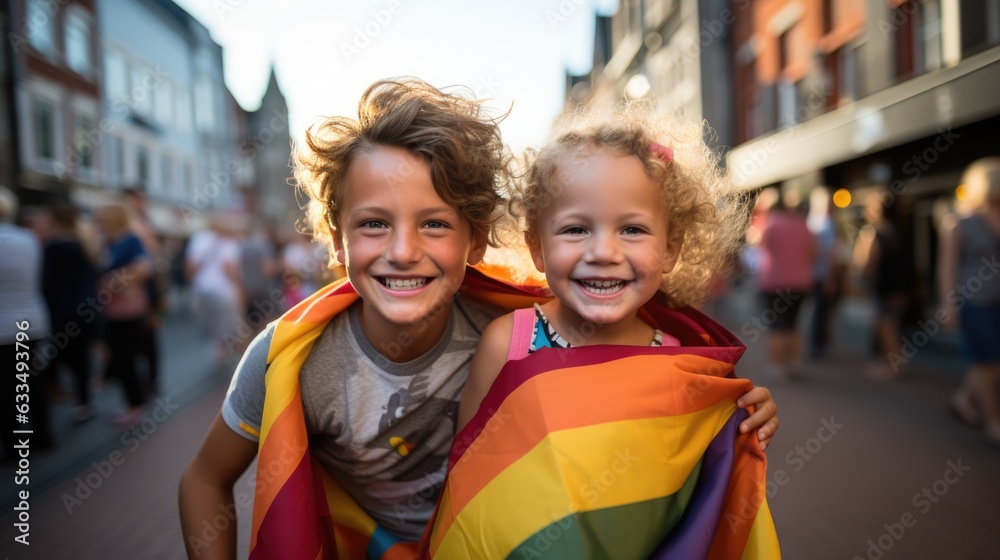 children in the street. Two young boy and girl with lgtbi flags at the ...