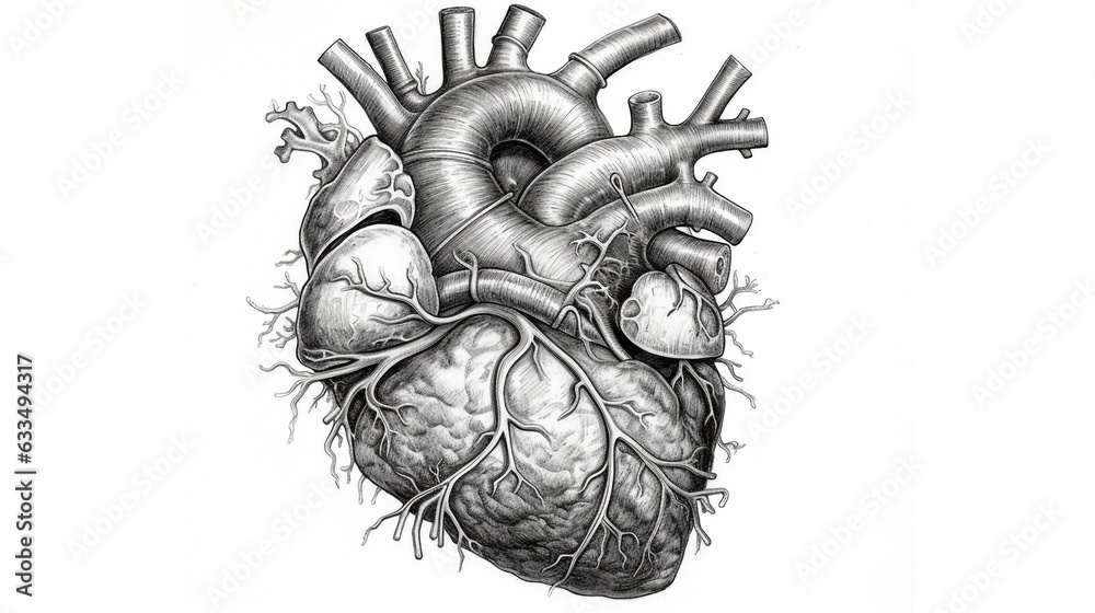 Pencil drawing, human heart, black and white, medical textbook, ai ...