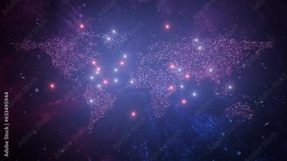 Two-dimensional digital world map with binary data and lines connected ...