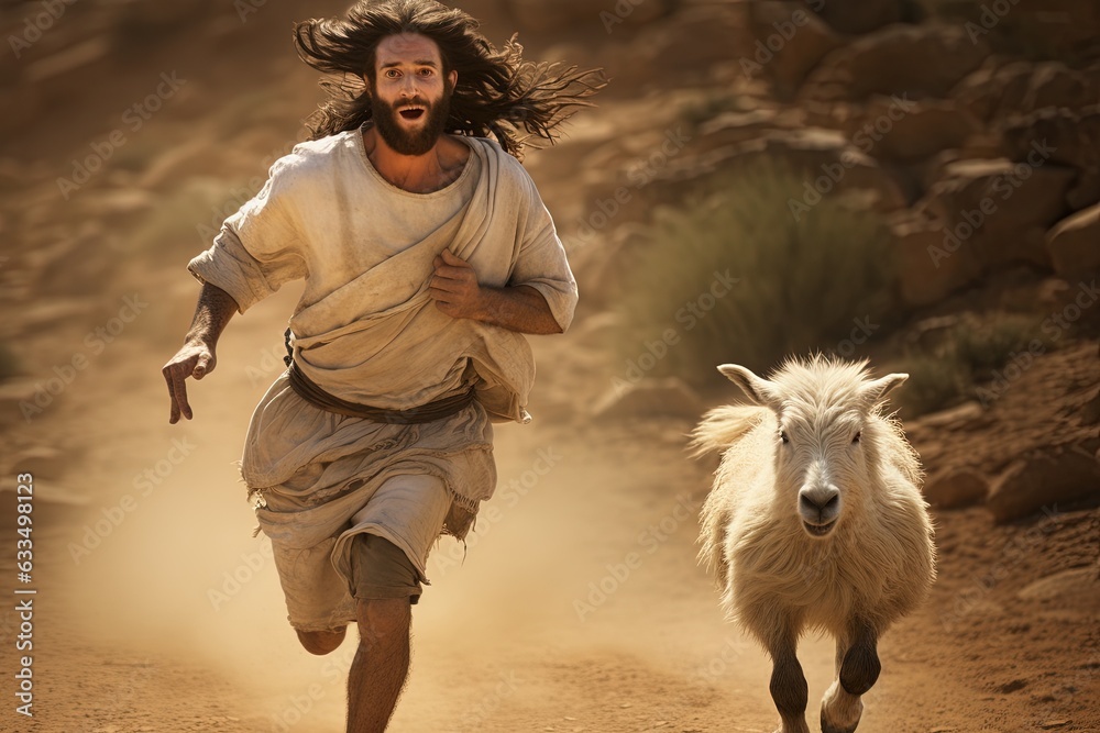 Jesus runs after lost lamb. Stock Illustration | Adobe Stock