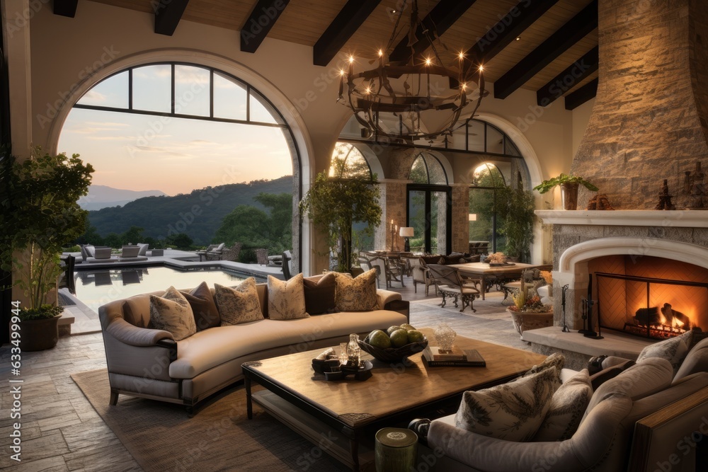 Stunning living room in a newly designed luxury home showcases stone ...