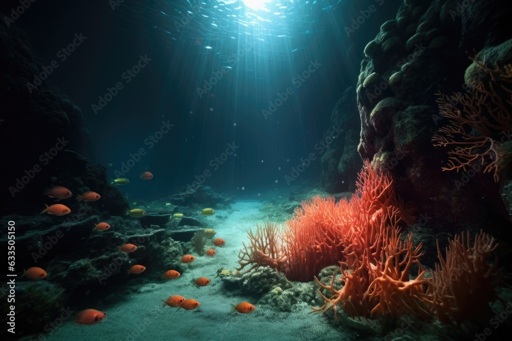 coral polyps feeding on a dark ocean floor, creating an eerie ...
