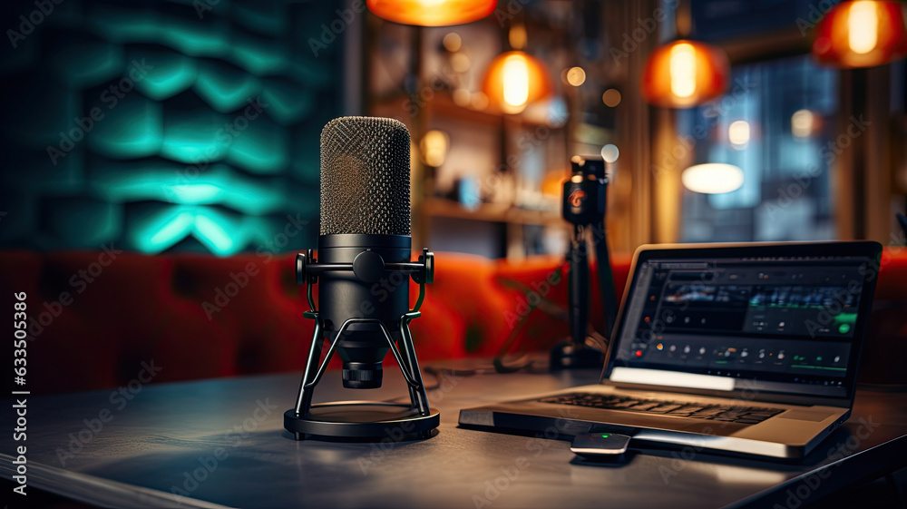 photograph of a close up of a microphone on a desk in a cozy modern ...
