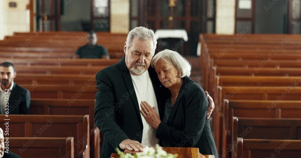 Funeral, church and couple hug by coffin for goodbye, mourning and ...
