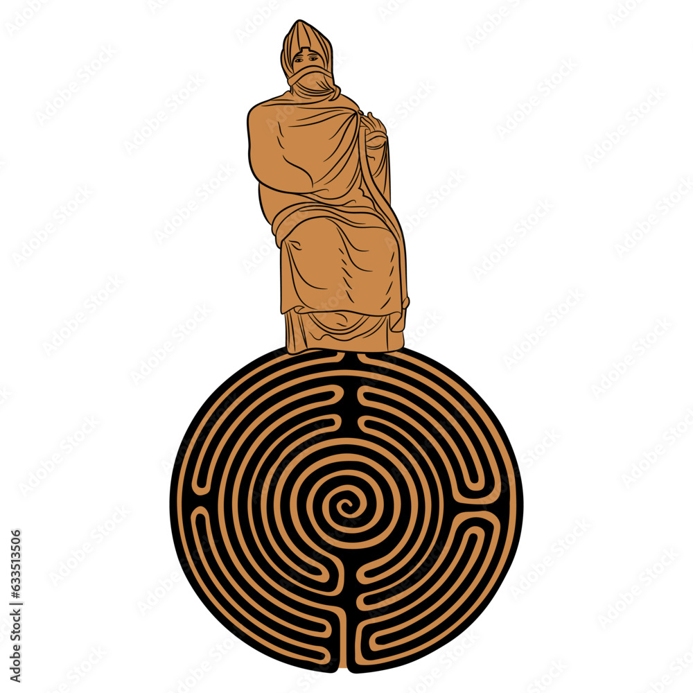 Ancient Greek woman shrouded in veil siting on a round spiral maze or ...