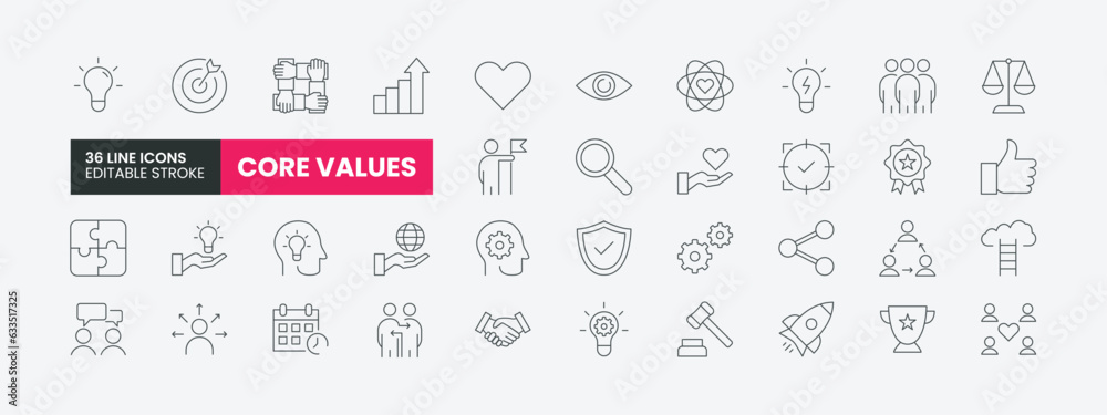 Set of 36 Core Value Outline Icons. Core Values thin line Icons with ...