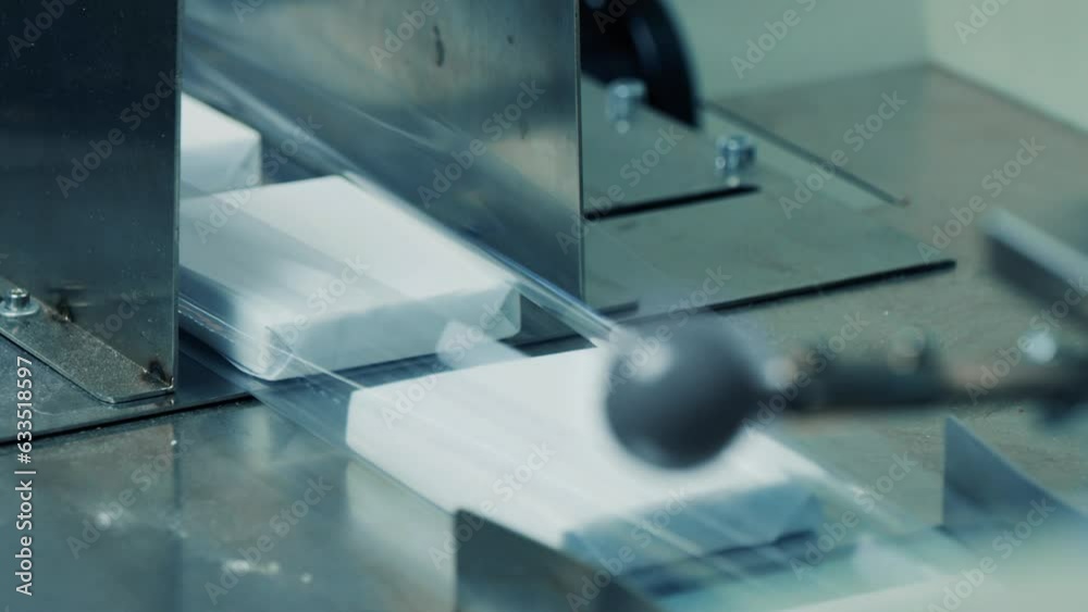Plastic wrapping machine on production line. Packaging of briquettes in ...