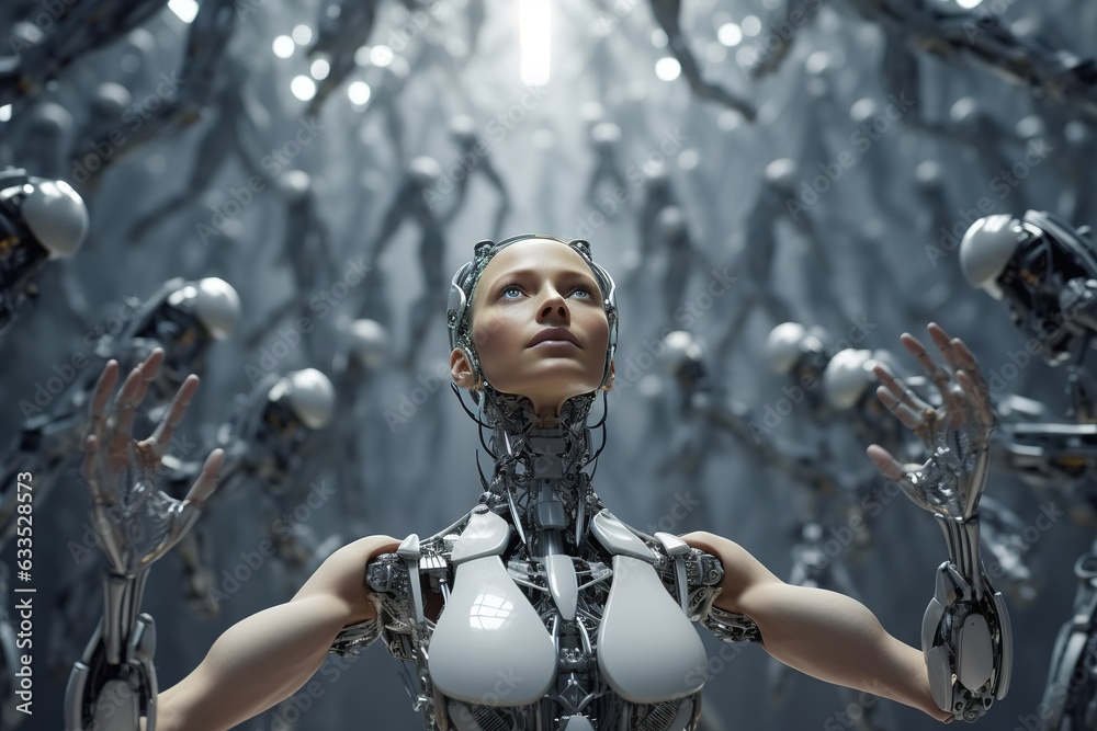 Cyborg woman standing raising arms with robots in the background ...