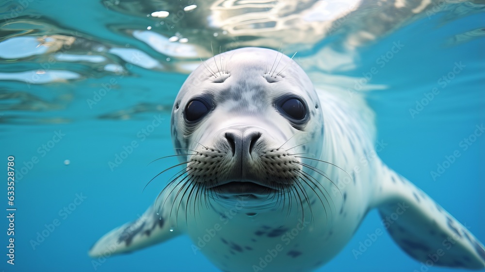 A seal swims in a pool of clean water, an animal of the seal family in ...