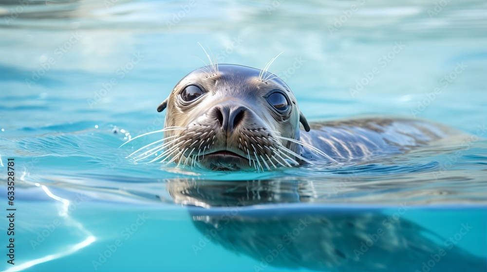 A seal swims in a pool of clean water, an animal of the seal family in ...