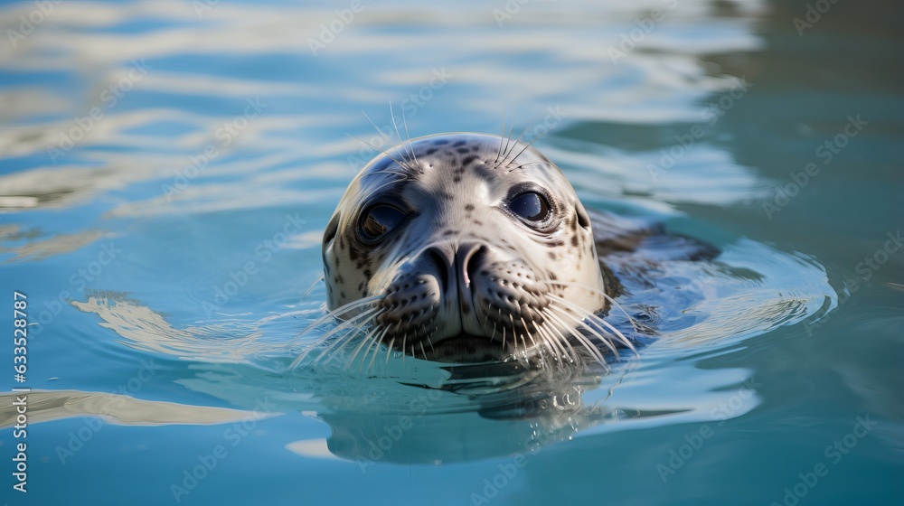 A seal swims in a pool of clean water, an animal of the seal family in ...