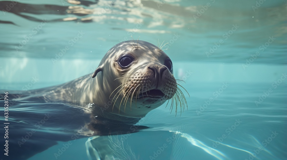 A seal swims in a pool of clean water, an animal of the seal family in ...