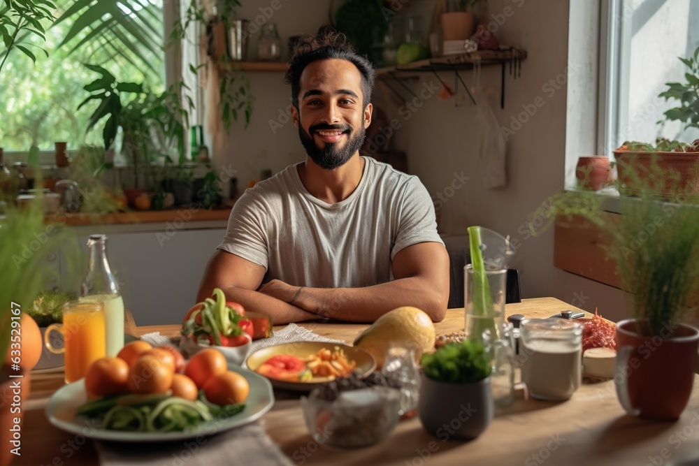 Young fit man having healthy breakfast at home, with a lot of fresh ...
