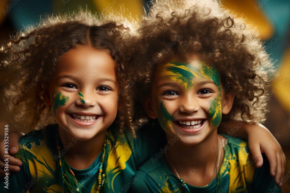 Happy children proudly display painted faces adorned with the Brazilian ...