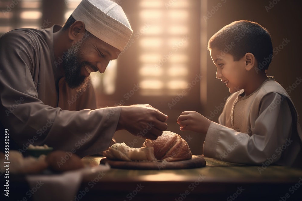 Muslim father passing his son Lafah Bread during dinner at dining table ...