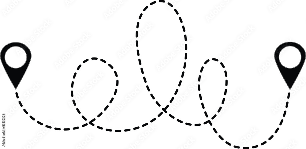 two pin sign and dotted line road, start and end points destination and ...