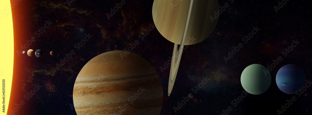 Solar system to real scale. Sun with eight planets: Mercury, Venus ...