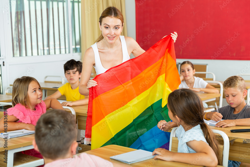Portrait of smiling young female teacher conducting lesson for tweens ...