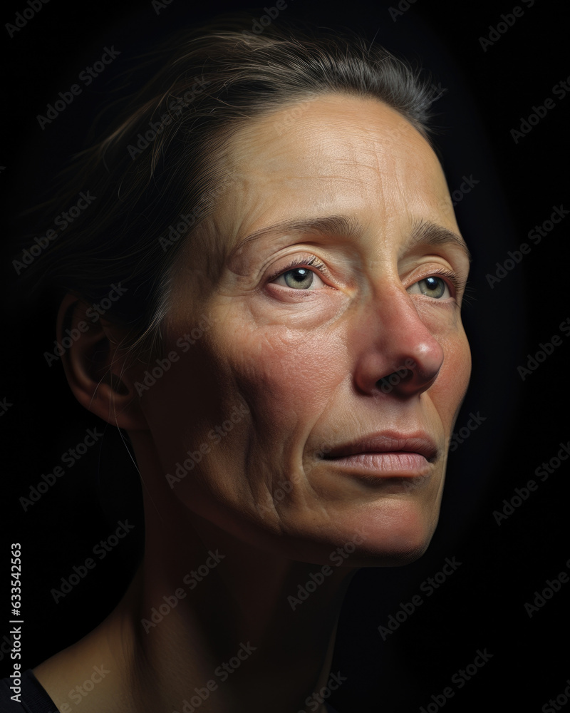 A portrait of a woman with her skin sagging along her jawline and neck ...