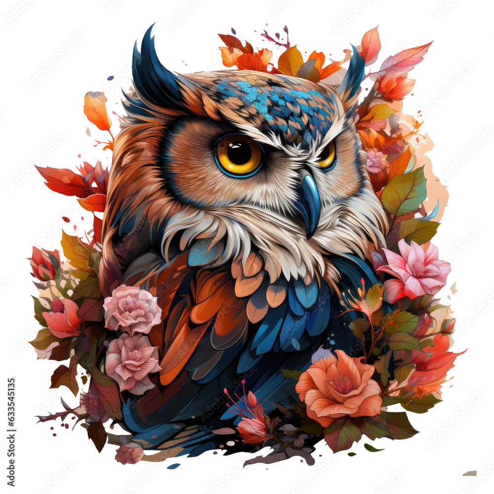 A mythical and ancient owl tree flowers T-shirt design, where the owl ...