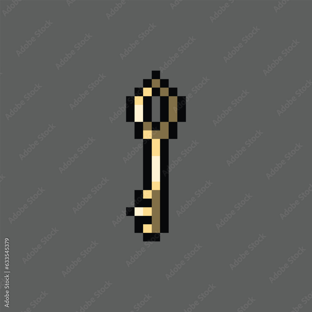 this is key icon in pixel art with yellow color and black background ...