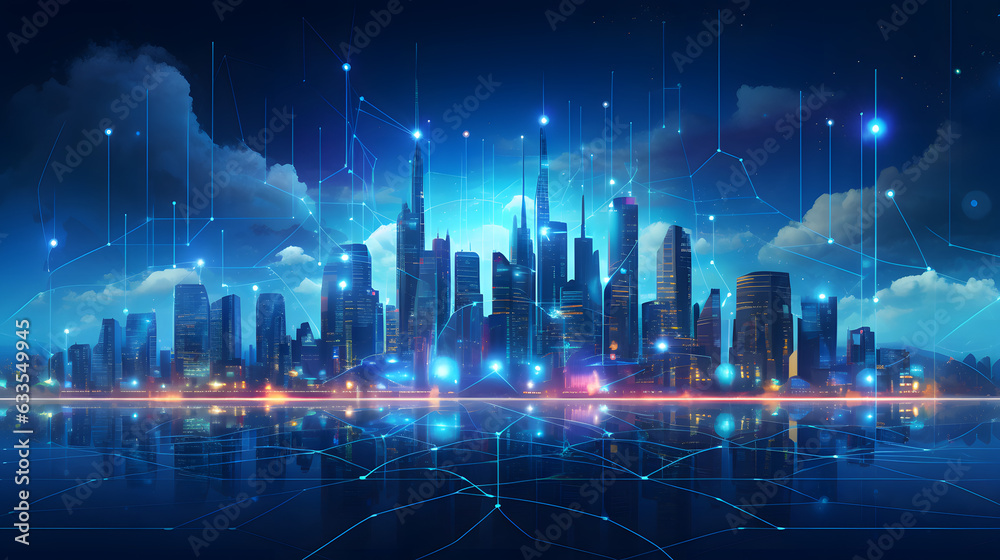 Smart city on a dark blue background, featuring intelligent ...