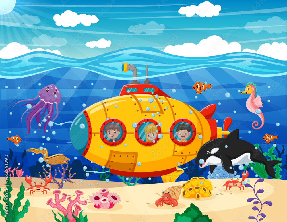 Cartoon Submarine Under The Sea. Small inquisitive children on ...