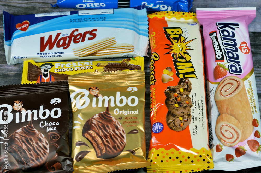 Cairo, Egypt, August 4 2023: collection of candy and sweets, Bisco Misr ...