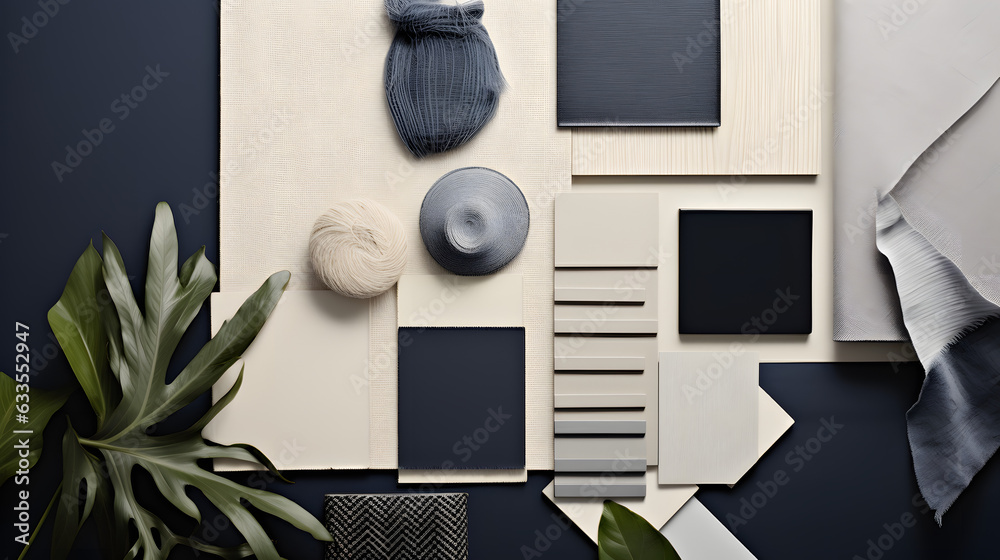 Classic flat lay composition in grey and navy color palette with ...