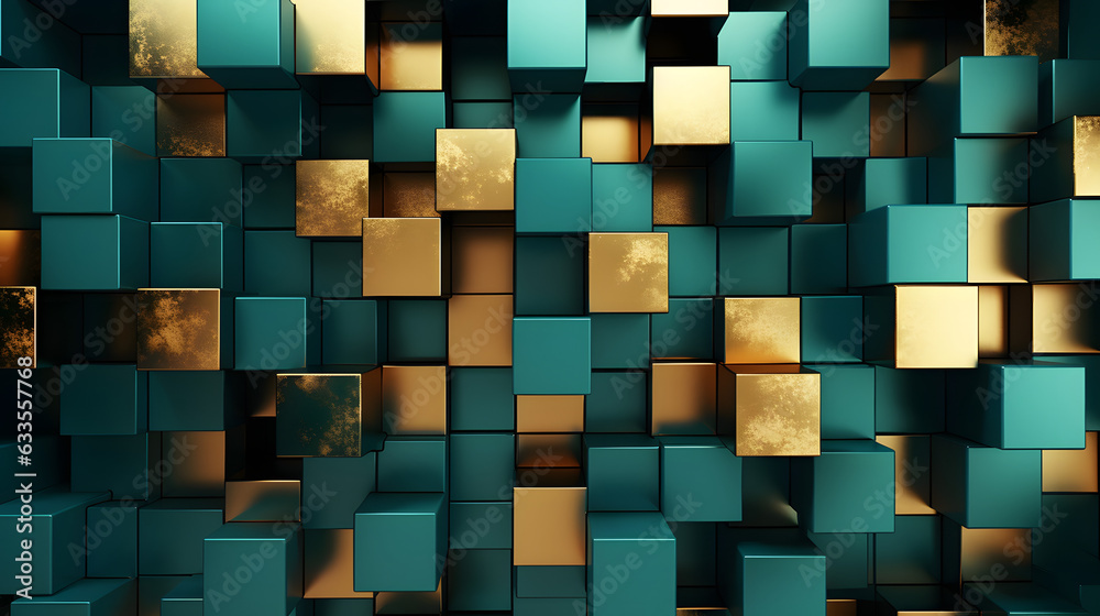 Abstract gold and teal metallic cubes background. Pattern from metal ...