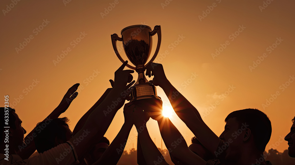 Winning team is holding trophy in hands teamwork concept Silhouette Stock Photo | Adobe Stock