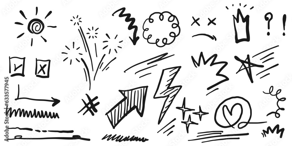 Hand drawn set of doodle elements. check mark, swoops, swirl, arrow ...