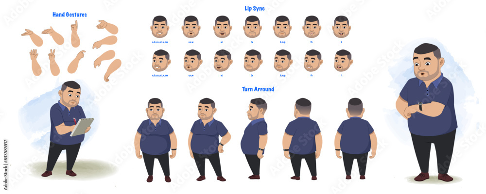 Set of male trainer design. Character Model sheet. Front, side, back ...