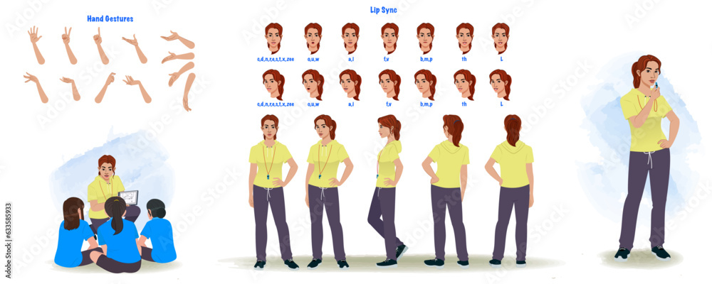Set of female trainer design. Character Model sheet. Front, side, back ...