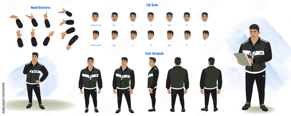 Set of male trainer design. Character Model sheet. Front, side, back ...