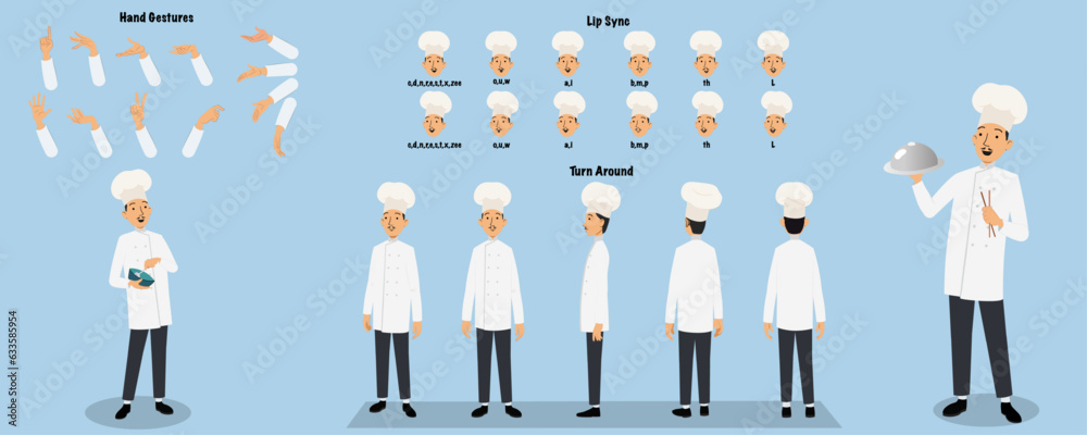 Set of chef character design. Character Model sheet. Front, side, back ...