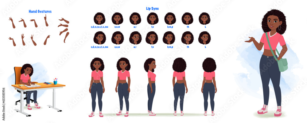 Set of african student design. Character Model sheet. Front, side, back ...