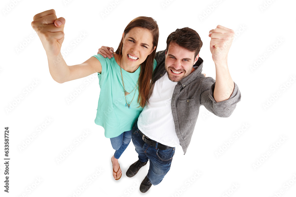 Angry, fist and above with portrait of couple and fight hand sign with ...