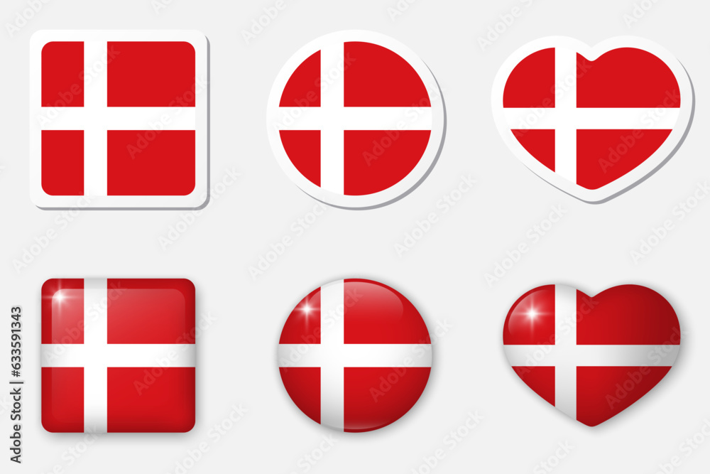 Flag of Denmark icons collection. Flat stickers and 3d realistic glass ...