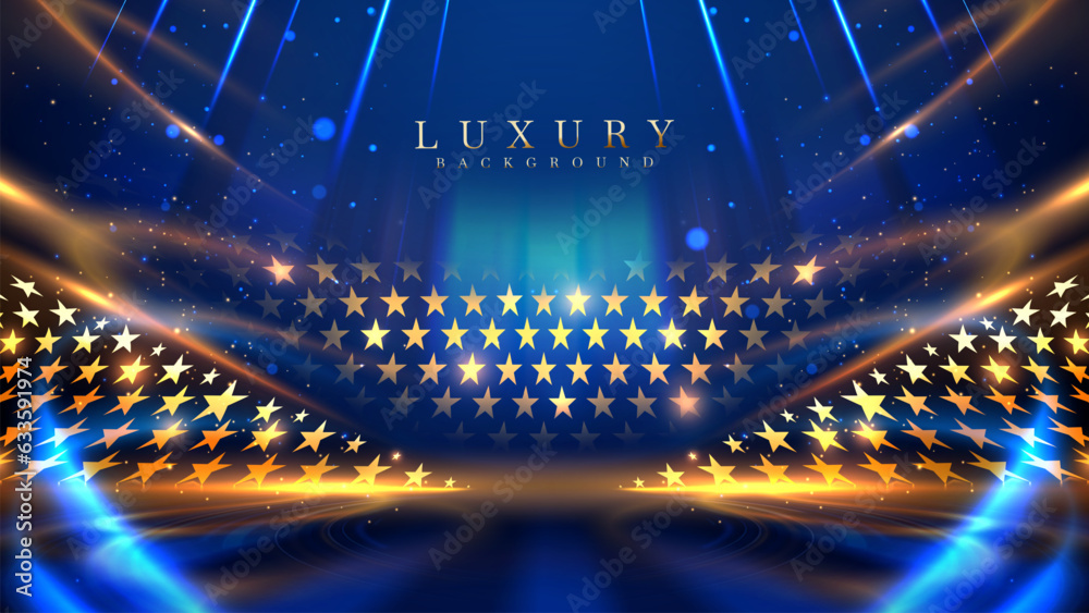 Stars stage with blue light effects element and gold with bokeh ...