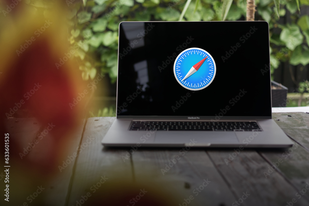 Safari logo, web browser developed by Apple, displayed on a MacBook Pro ...