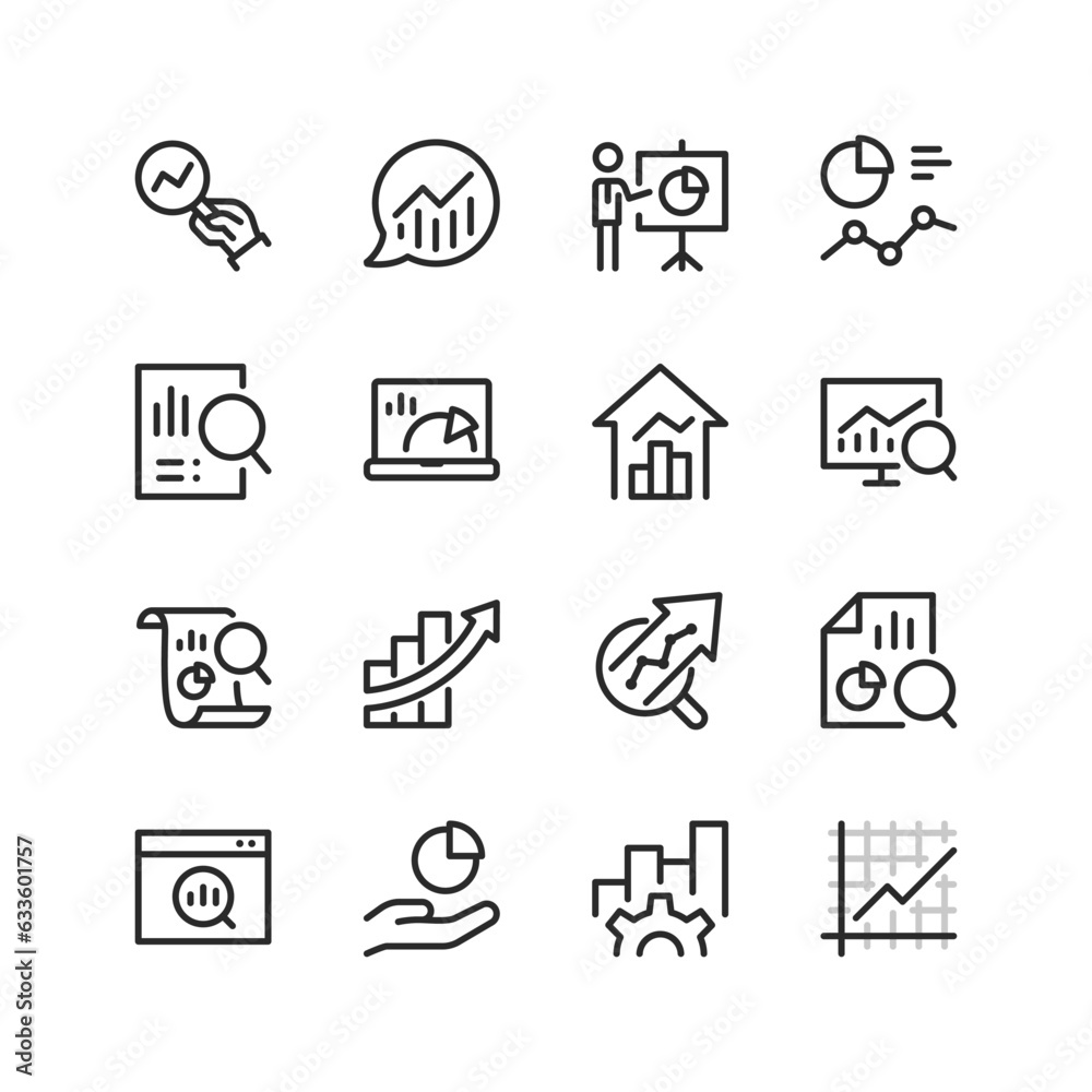 Data analytics, linear style icons set. Analyzing metrics, graphs and ...