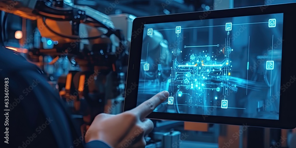 Engineer hand using tablet with machine real time monitoring system software , Generative AI ...