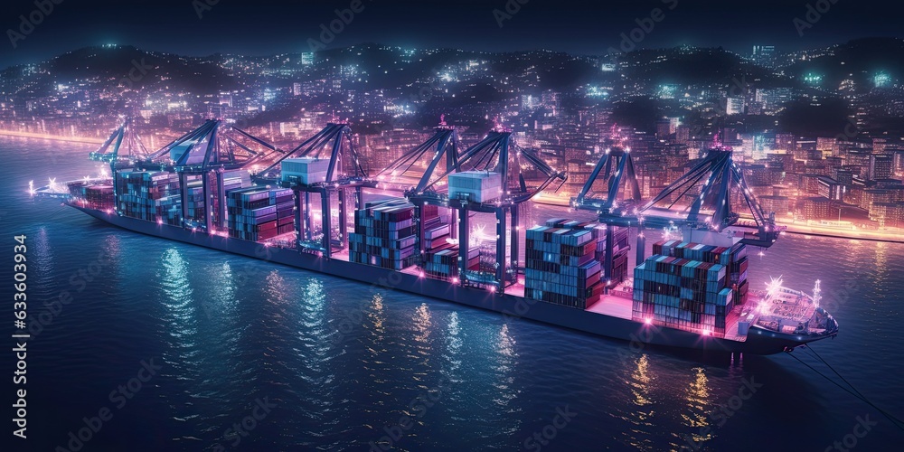 Top view. Container ship in the pier with crane bridge carries and ...