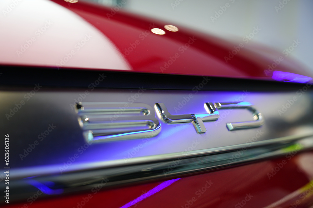 PENANG, MALAYSIA - 30 JULY 2023: Car logo of a BYD Build Your Dreams EV ...