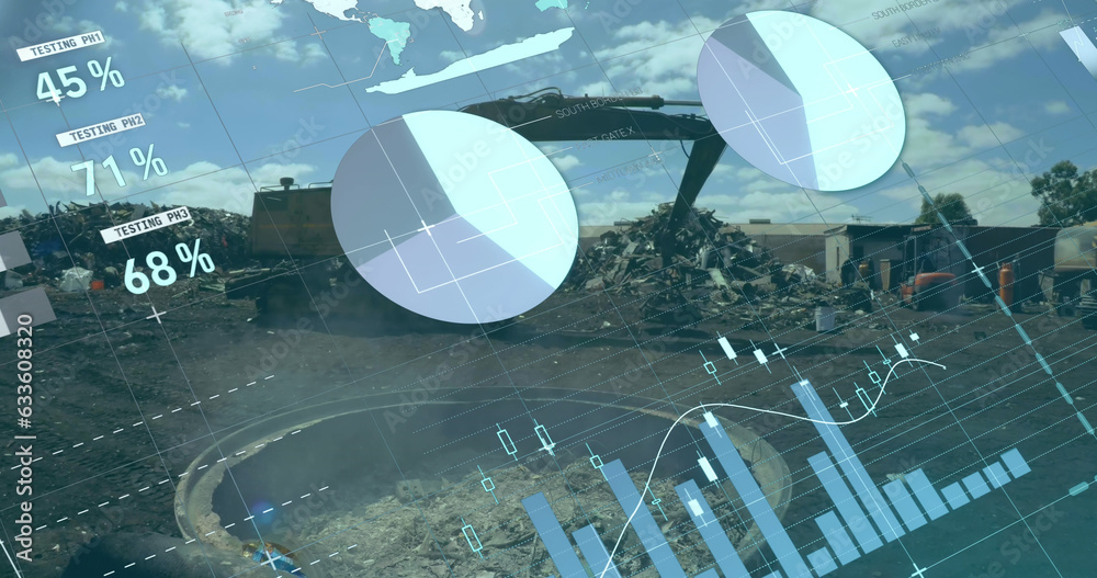 Image of infographic interface over crane piling up metal scrap in ...